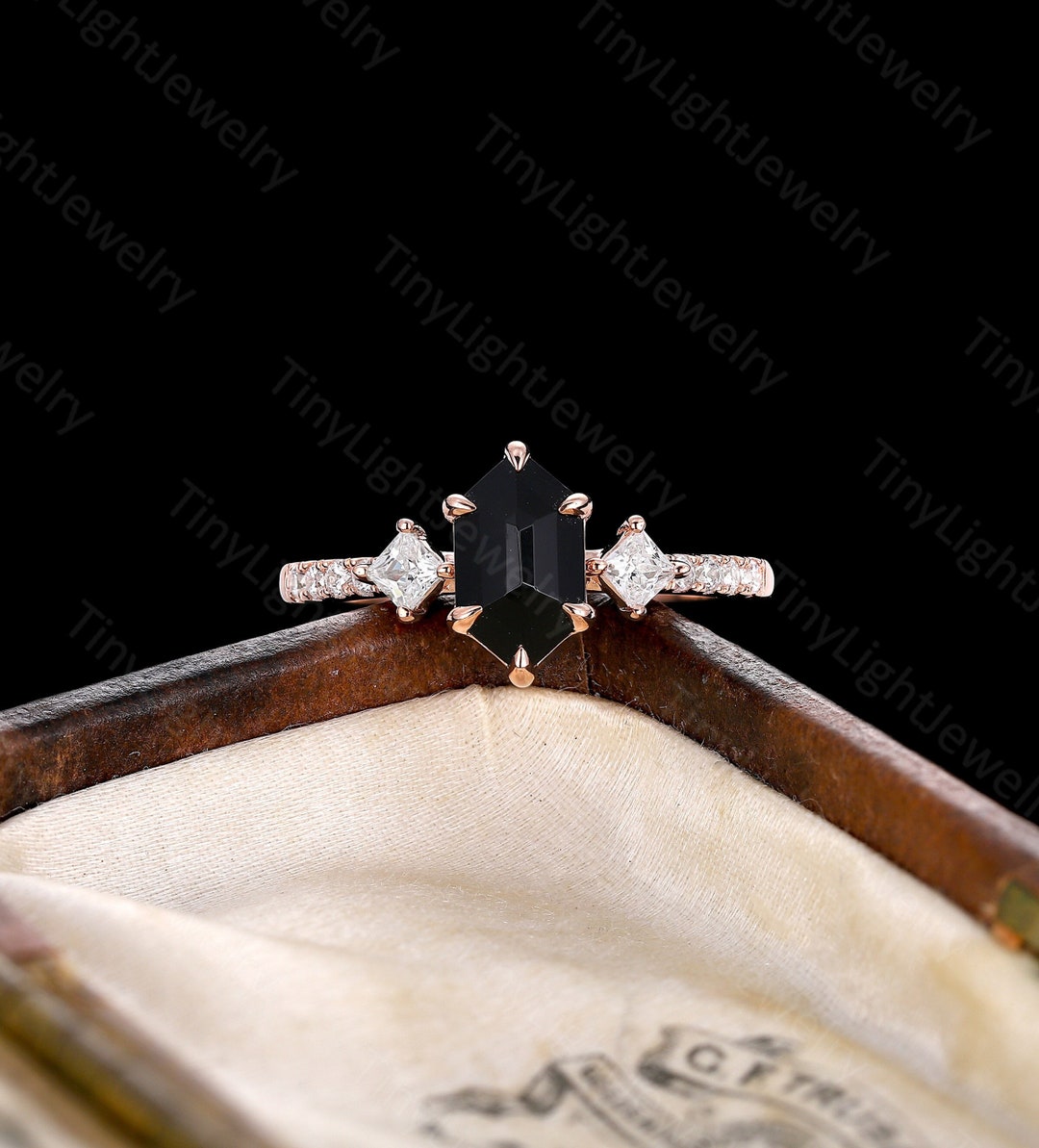 Half Rose Cut Black Onyx Engagement Ring Rose Gold Pave Ring Vintage ...