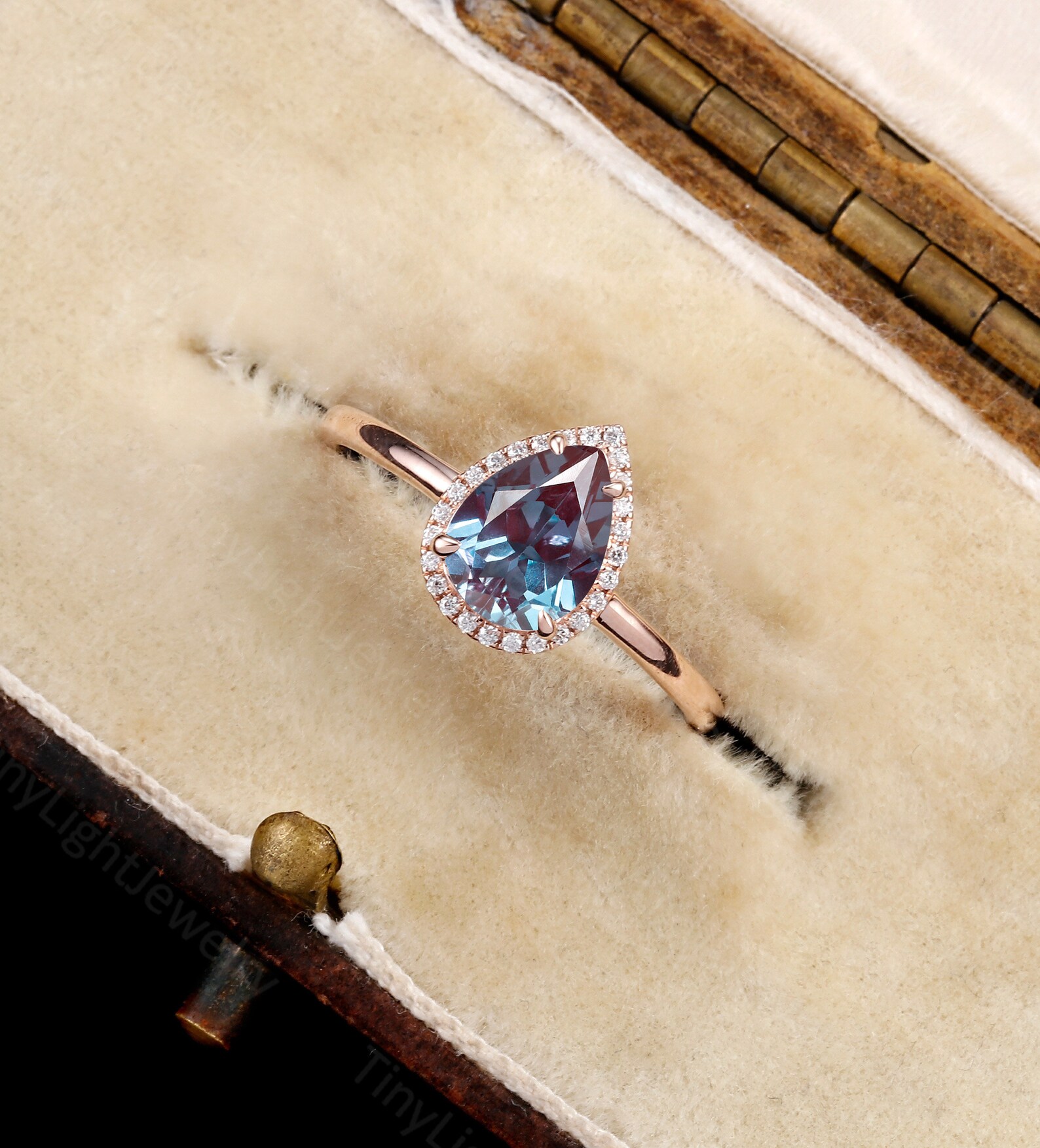 Alexandrite Engagement Ring Pear Shape Cut Ring Rose Gold Ring Halo Set ...