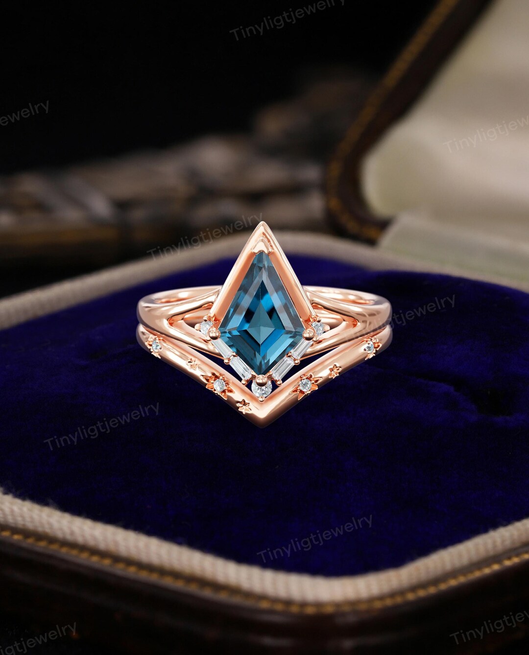 London Blue Topaz Engagement Ring Set Art Deco Kite Topaz Wedding Ring ...