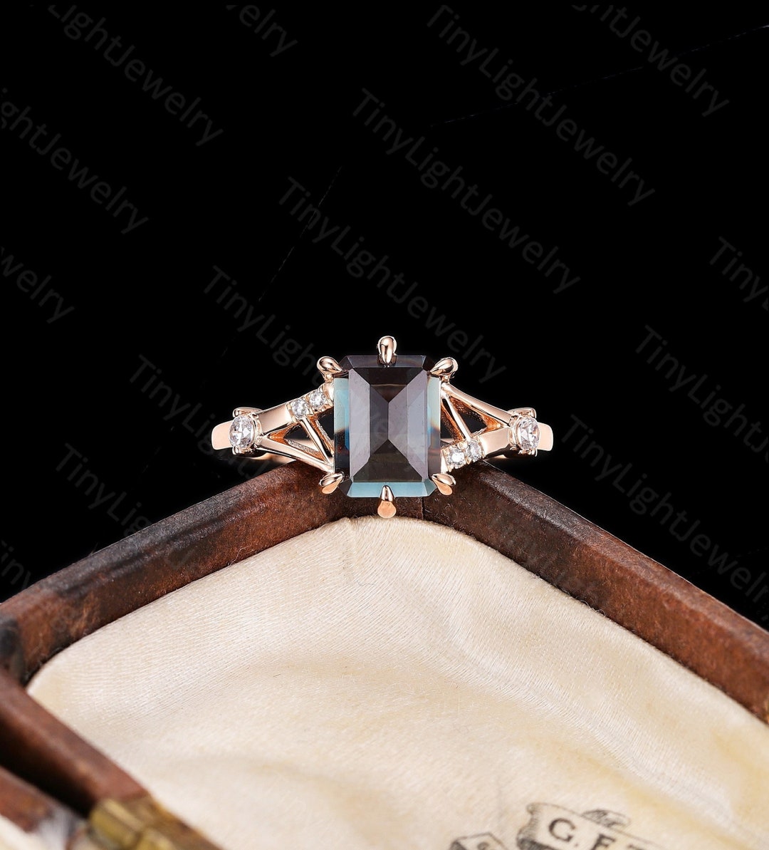 Art Deco Emerald Cut Lab Alexandrite Engagement Ring Rose Gold Ring ...