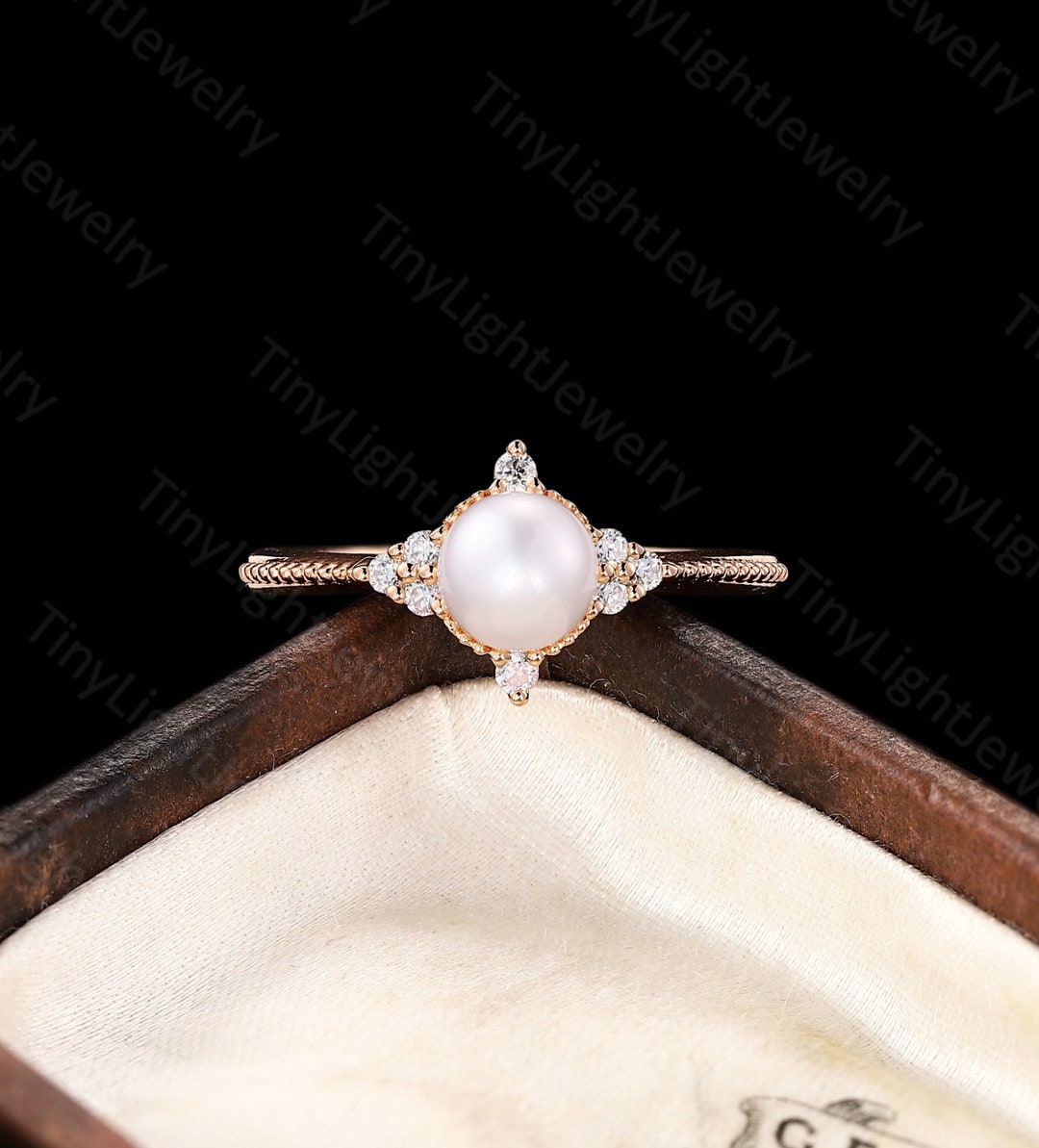 Vintage Akoya Pearl Engagement Ring Rose Gold Milgrain Ring Round Cut ...