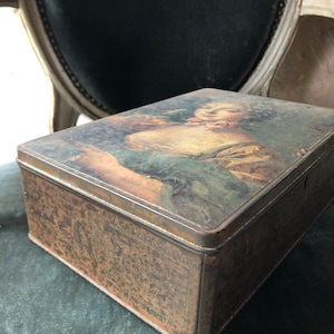 Vintage French Tin With Lock - Stunning Print of a Mademoiselle on the ...
