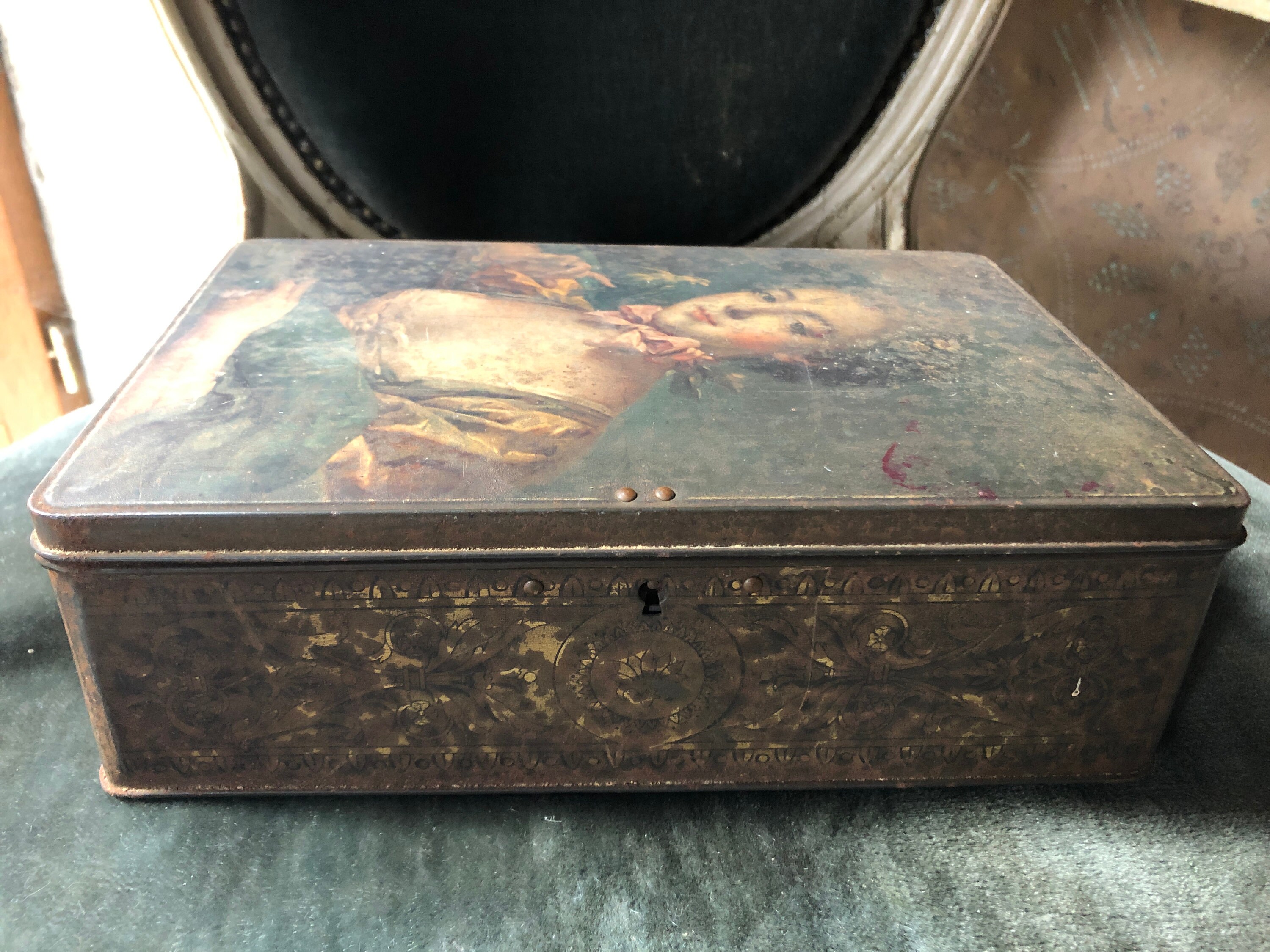 Vintage French Tin With Lock - Stunning Print of a Mademoiselle on the ...