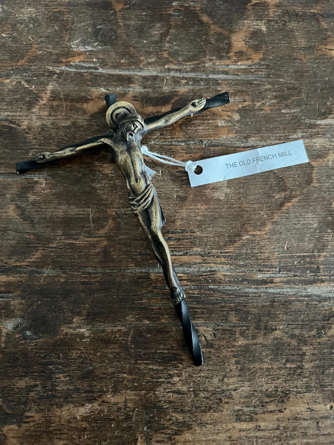 Vintage French Metal Crucifix Cast Bronze Jesus on Black Twisted Metal ...