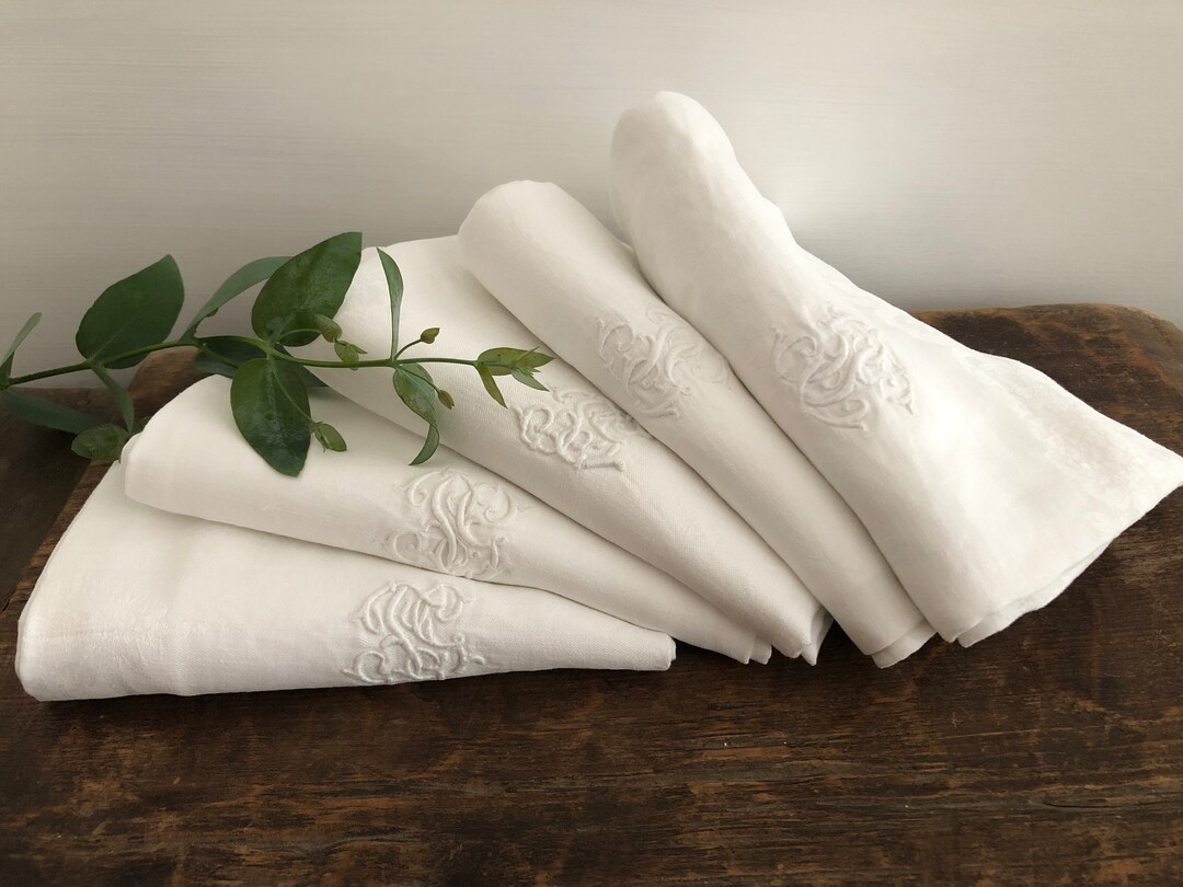 5 Antique French White Linen Napkins - Finest, Softest Damask Linen ...