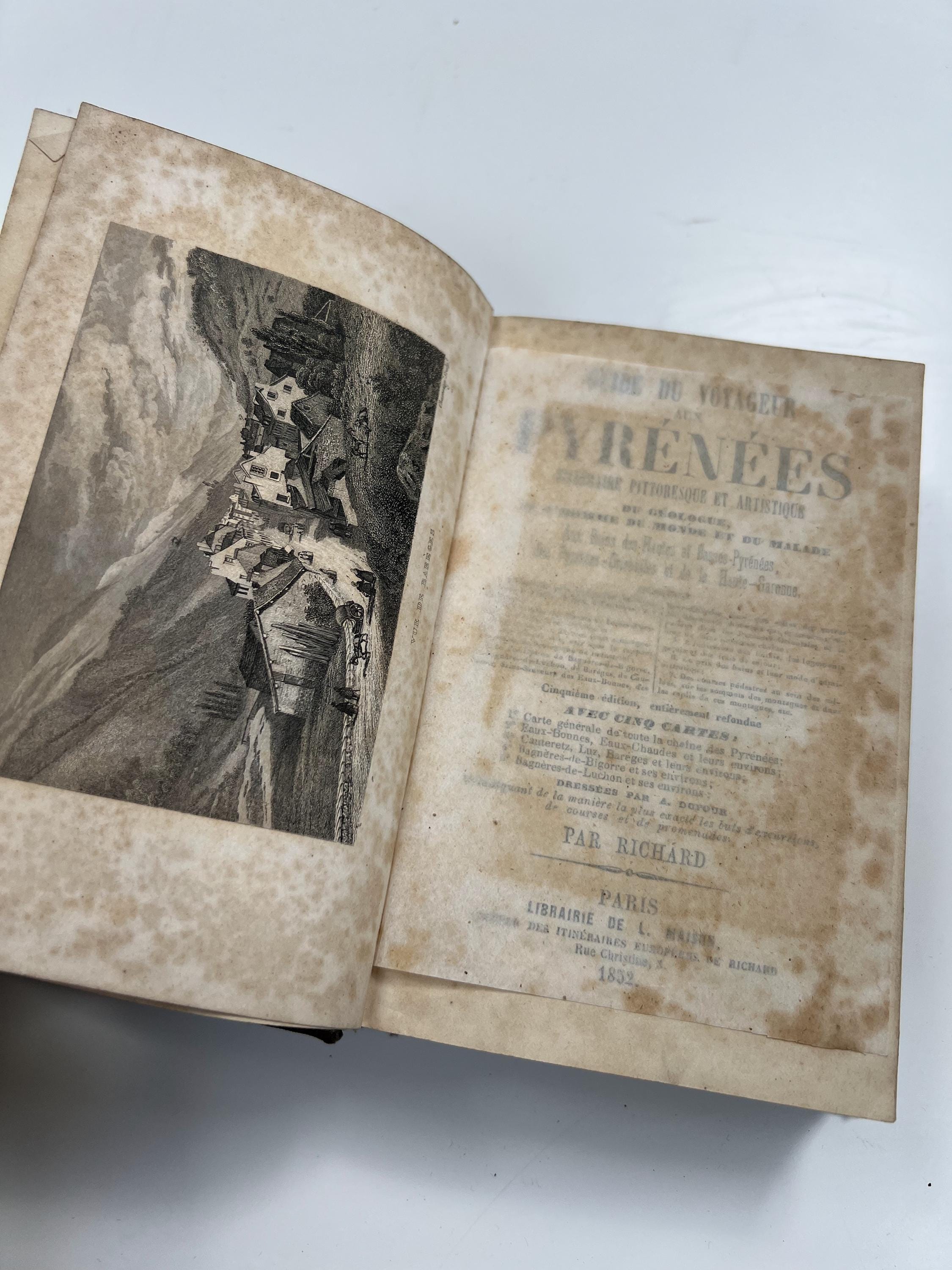 Rare Antique French Book, Entitled Guide Aux Pyrenees Full of Maps, Printed 1852, Published by L ...