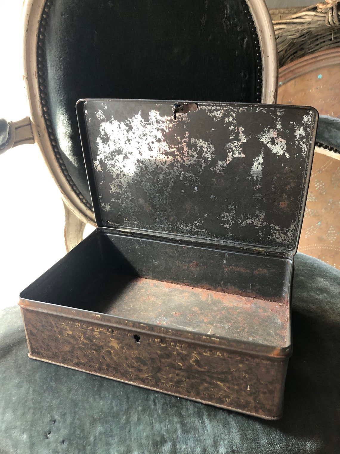Vintage French Tin With Lock - Stunning Print of a Mademoiselle on the ...