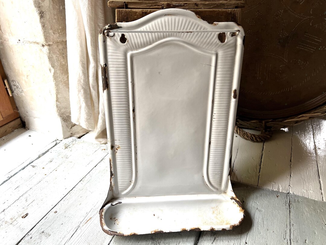 Vintage French White Enamel Utensil Rail With Drip Catcher at Base ...
