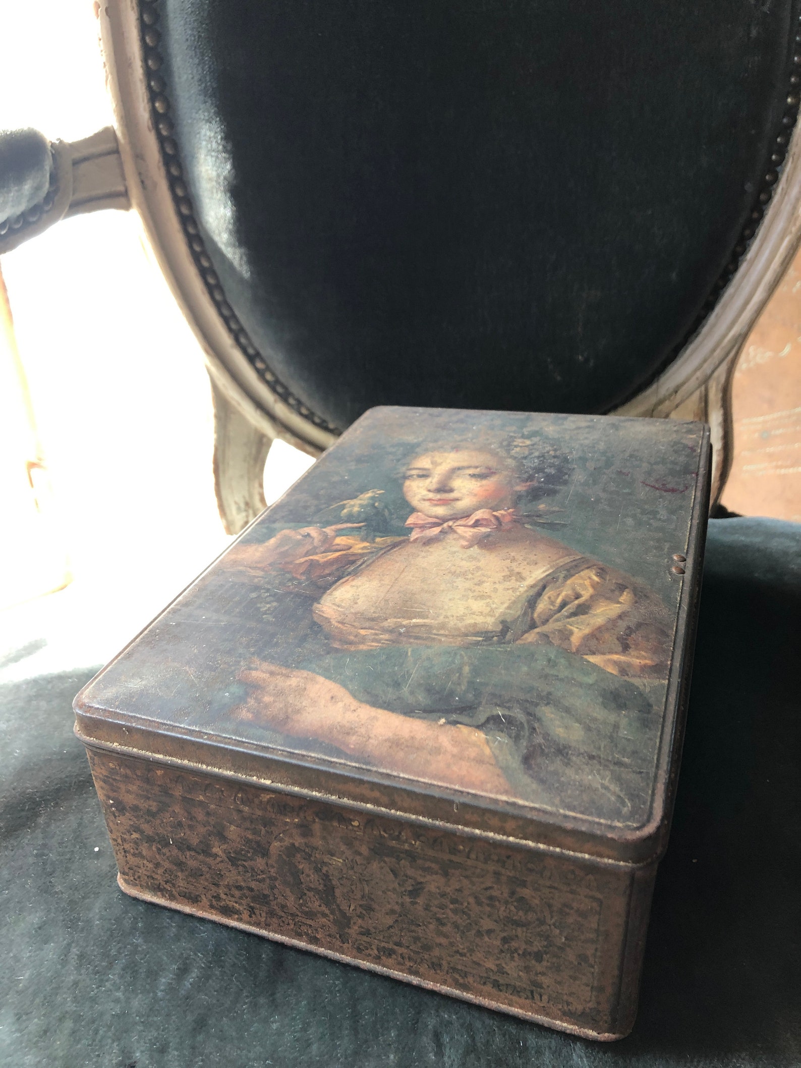 Vintage French Tin With Lock - Stunning Print of a Mademoiselle on the ...