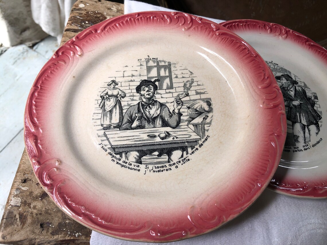 Beautiful Set of 2 Antique French Comical Talking Plates, 19th Century ...