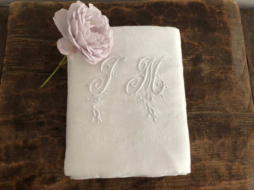 Stunning Antique French Tablecloth, Large Embroidered Monogrammed JM in ...