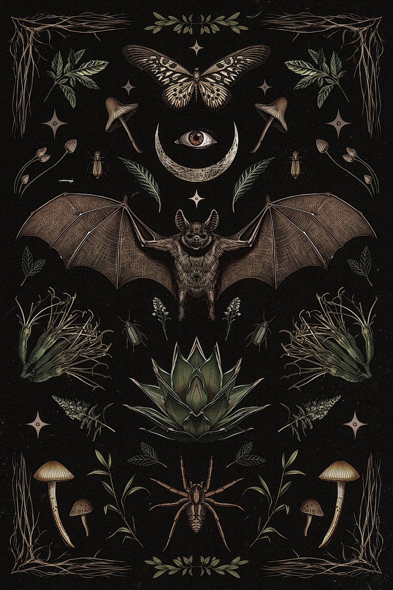 Vintage Bat Botanical Art Print, Halloween Witchy Decor - Etsy