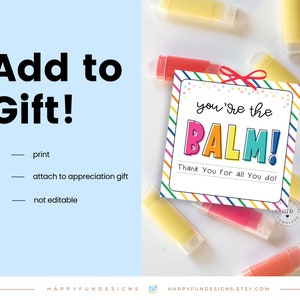 Youre the Balm Lip Balm Tag Printable, Thank You Teacher PTO PTA ...
