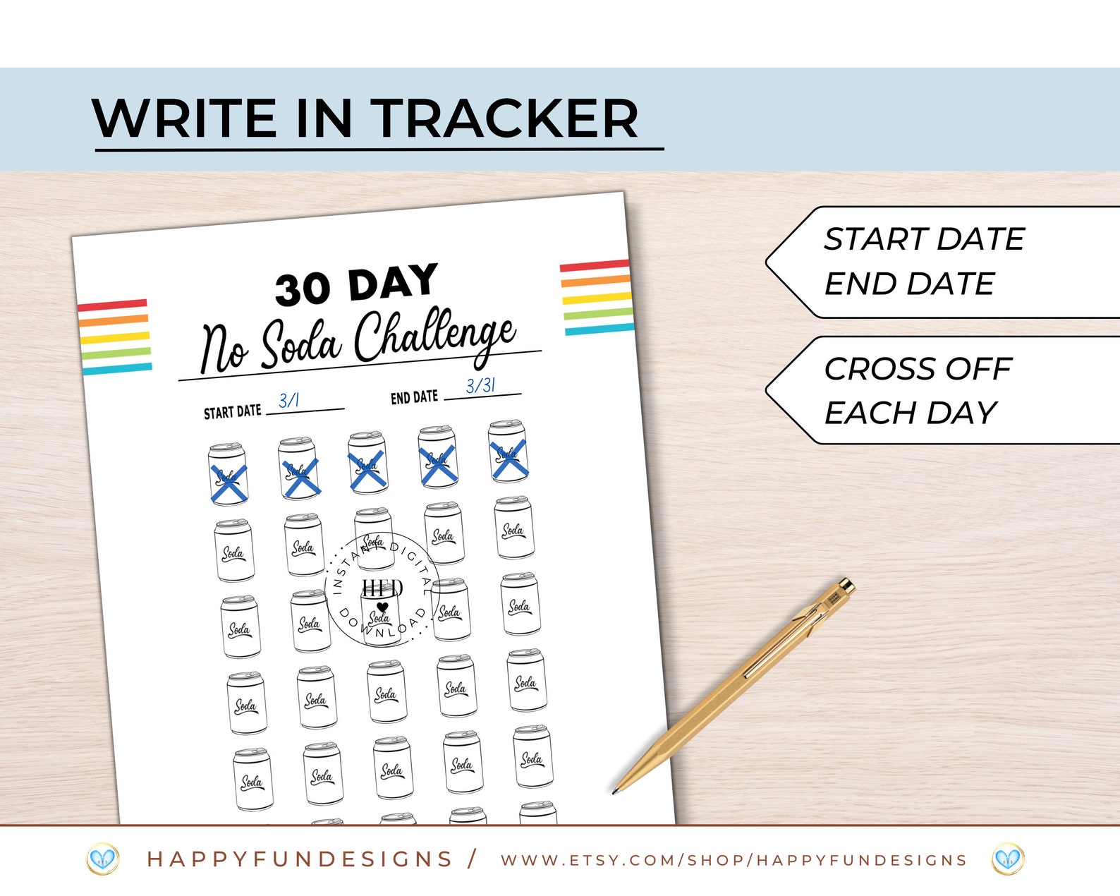 30 Day No Soda Tracker Printable, 30 Day Challenge Tracker, Editable ...