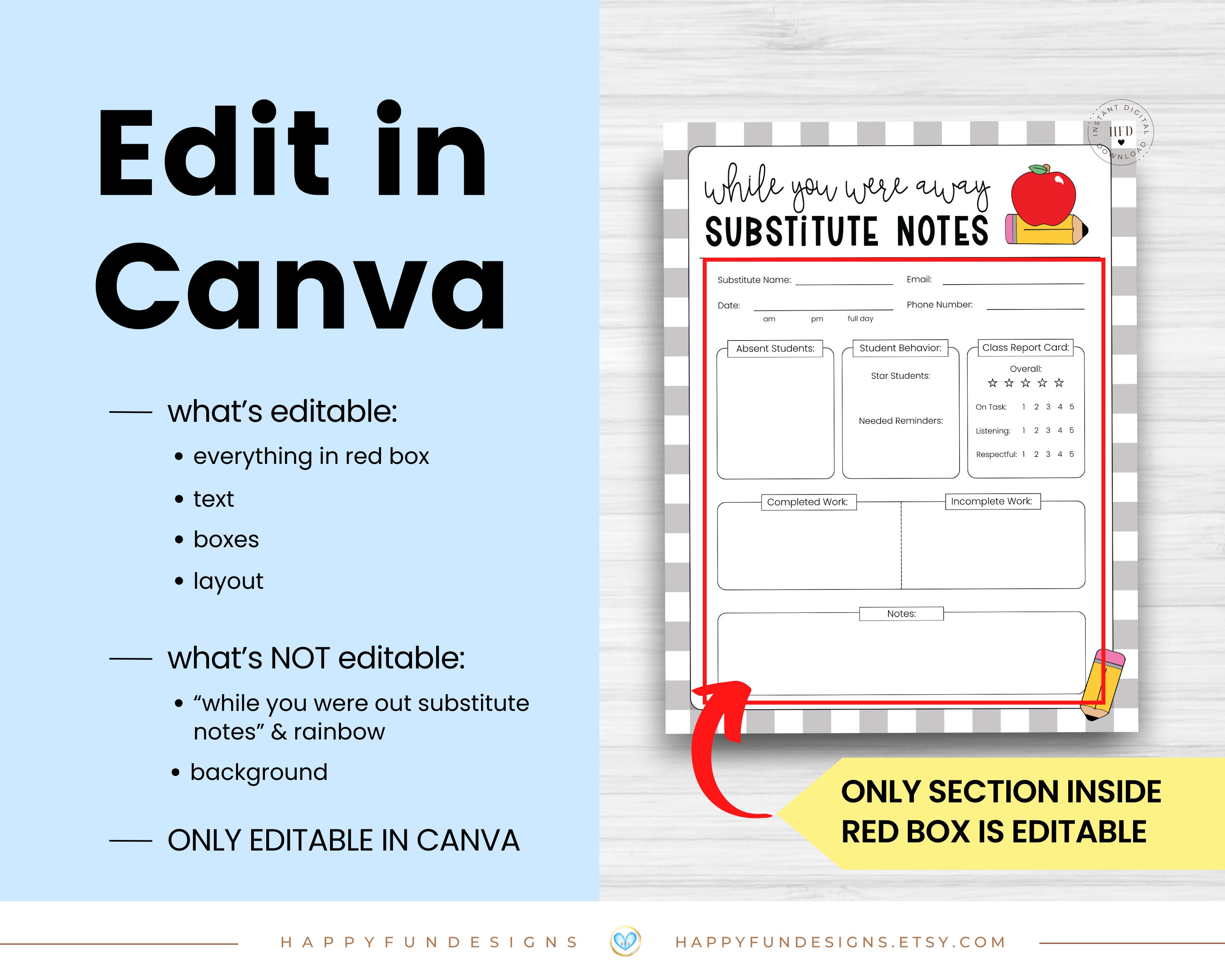 Substitute Teacher Note Template Editable, While You Were Away ...