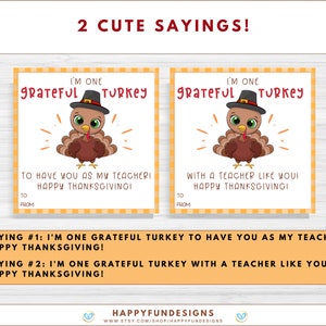 Grateful Turkey Thanksgiving Teacher Appreciation Gift Tags Printable ...
