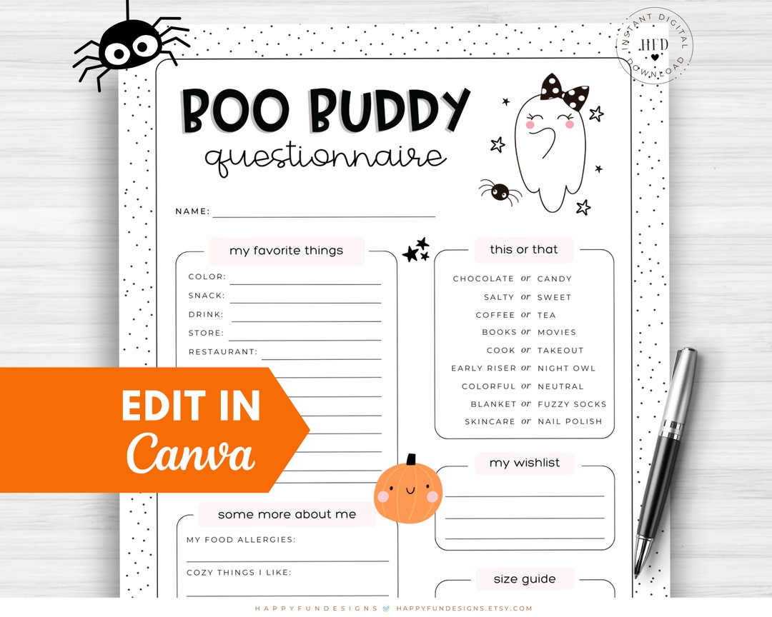 Editable Boo Buddy Questionnaire Printable, Boo Buddies, Youve Been ...