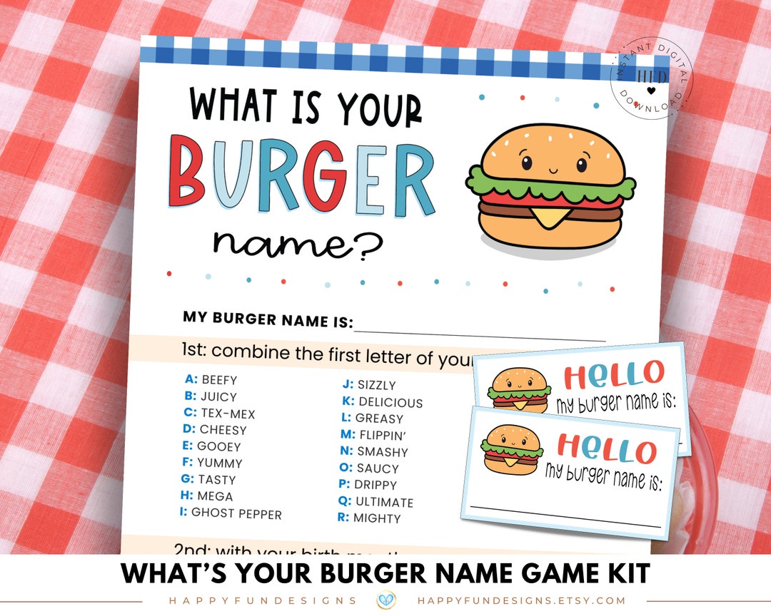Whats Your Burger Name Game Printable, Kids Backyard Camping Burger ...