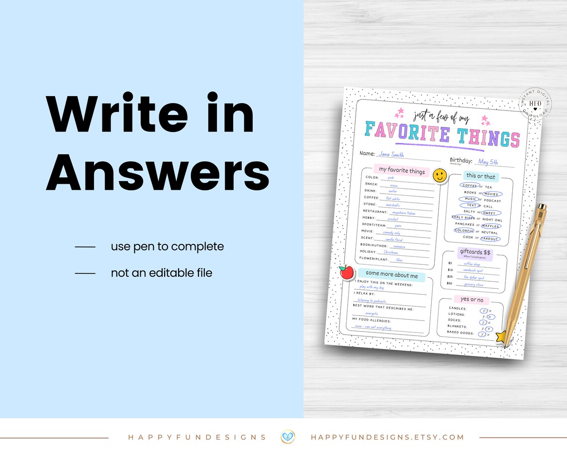 Teacher Favorite Things Form, PTA Teacher Thank You, Get to Know ...