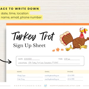 Turkey Trot Sign up Sheet Printable, 5k 10k Walk Run Race, Church Sign ...