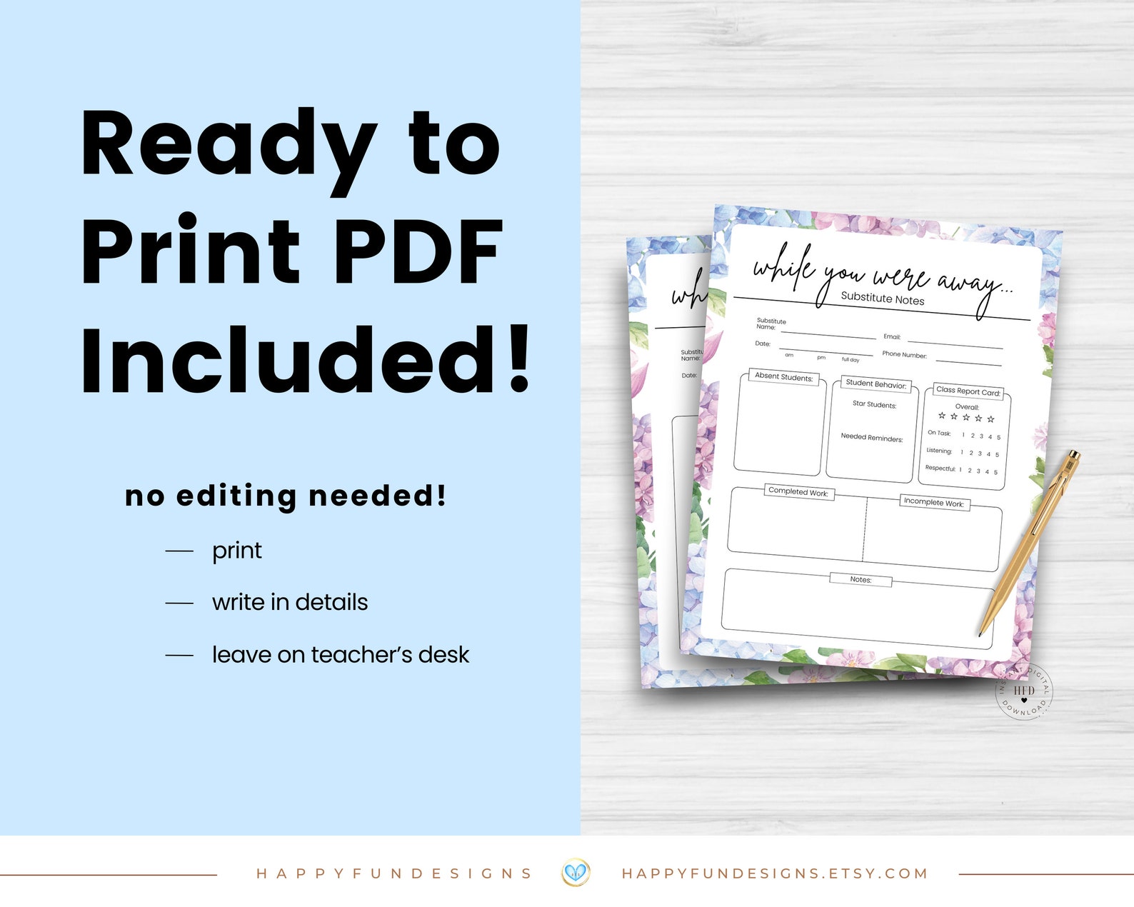 Substitute Teacher Note Template Editable, While You Were Away ...