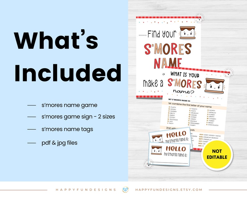 Whats Your Smores Name Game Kit Printable Kids Backyard Camping Smores ...