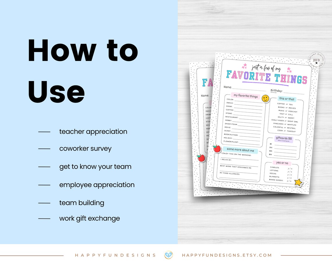 Teacher Favorite Things Form, PTA Teacher Thank You, Get to Know ...