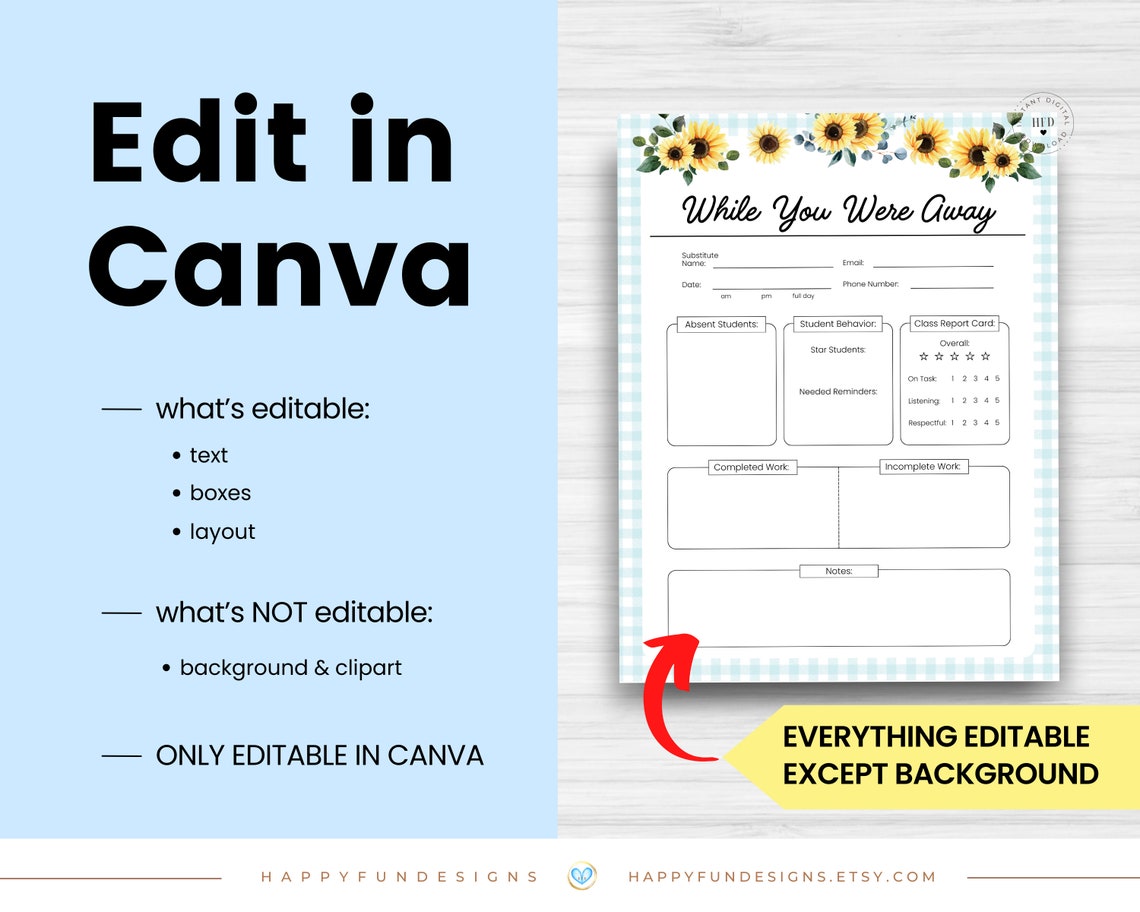 Substitute Teacher Note Template Editable, While You Were Away ...