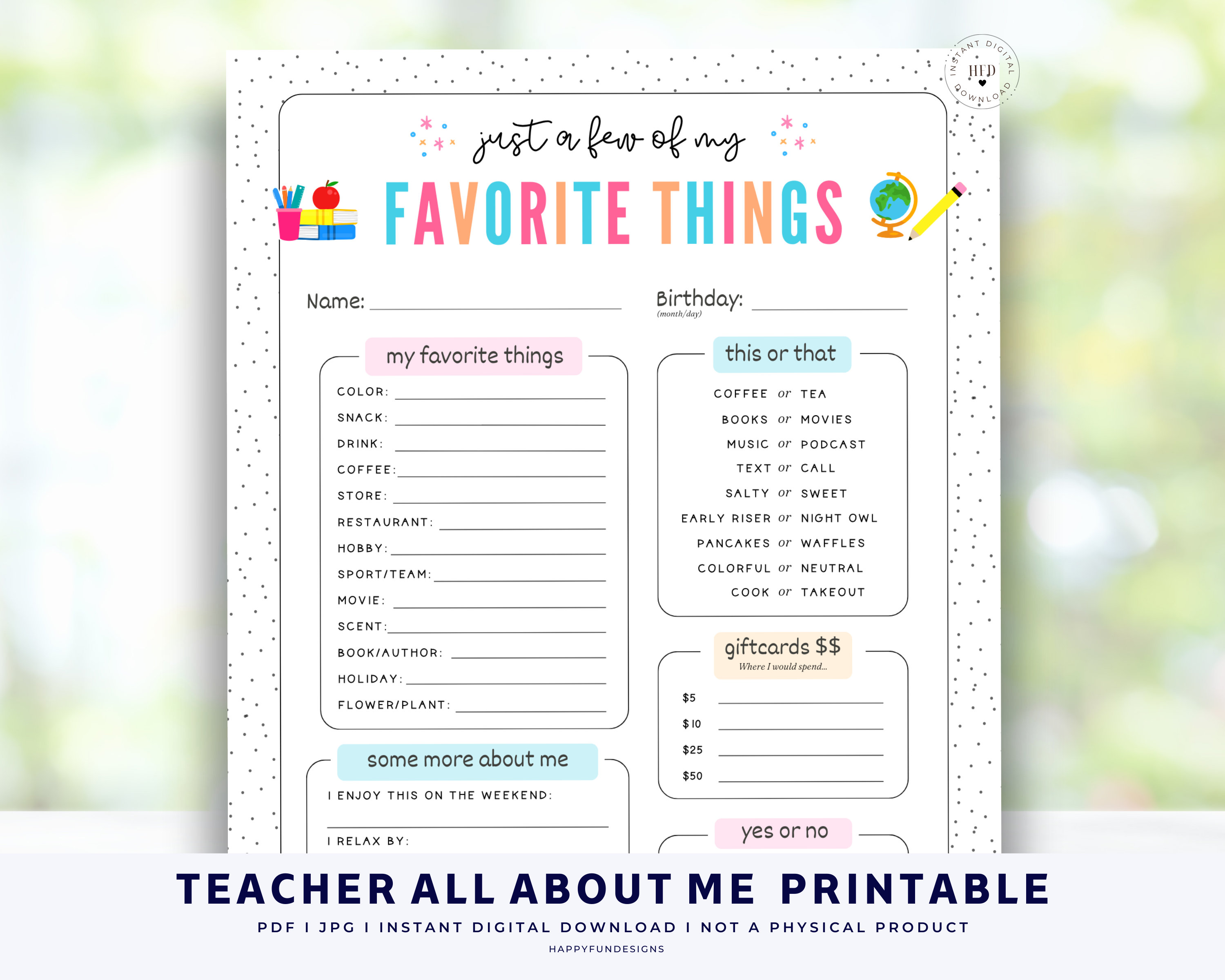 Teacher Favorite Things Form, PTA Teacher Thank You, Get to Know ...