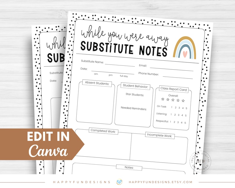 Substitute Teacher Note Template Editable, While You Were Away ...