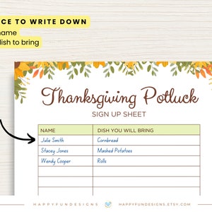 Thanksgiving Potluck Sign up Sheet Printable Fillable, Office Holiday ...