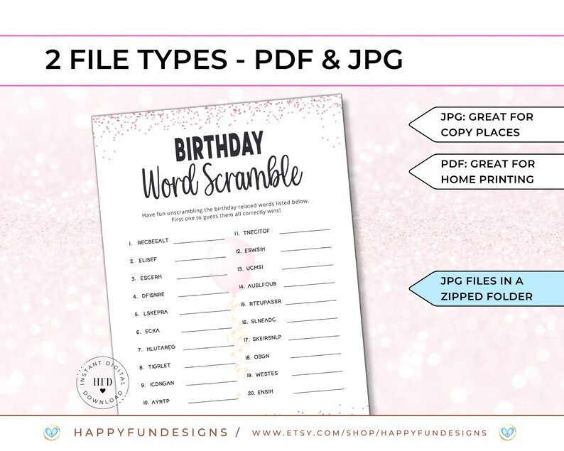 Birthday Word Scramble Game Printable Word Scramble With Answer, Pink ...