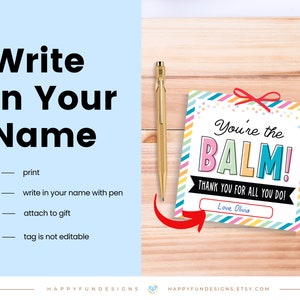 Youre the Balm Lip Balm Tag Printable, Thank You Teacher PTO PTA ...