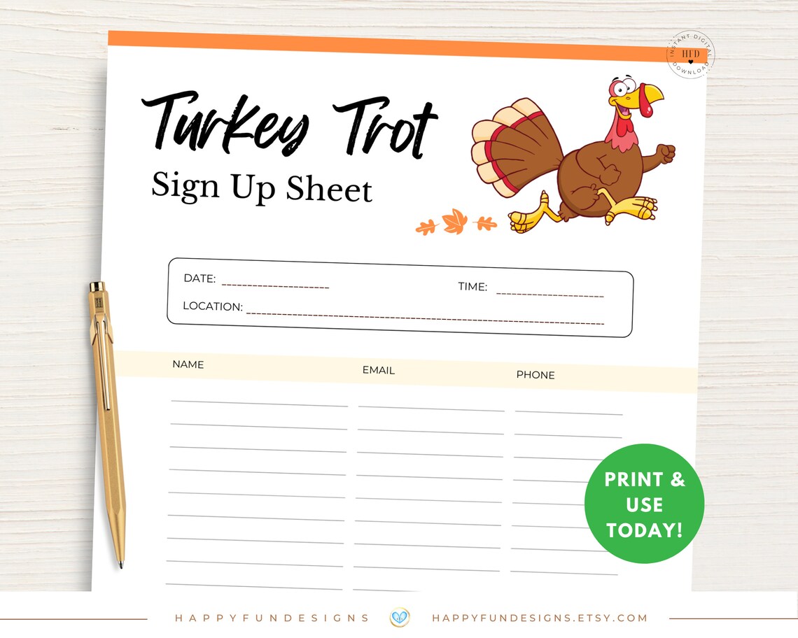 Turkey Trot Sign up Sheet Printable, 5k 10k Walk Run Race, Church Sign ...