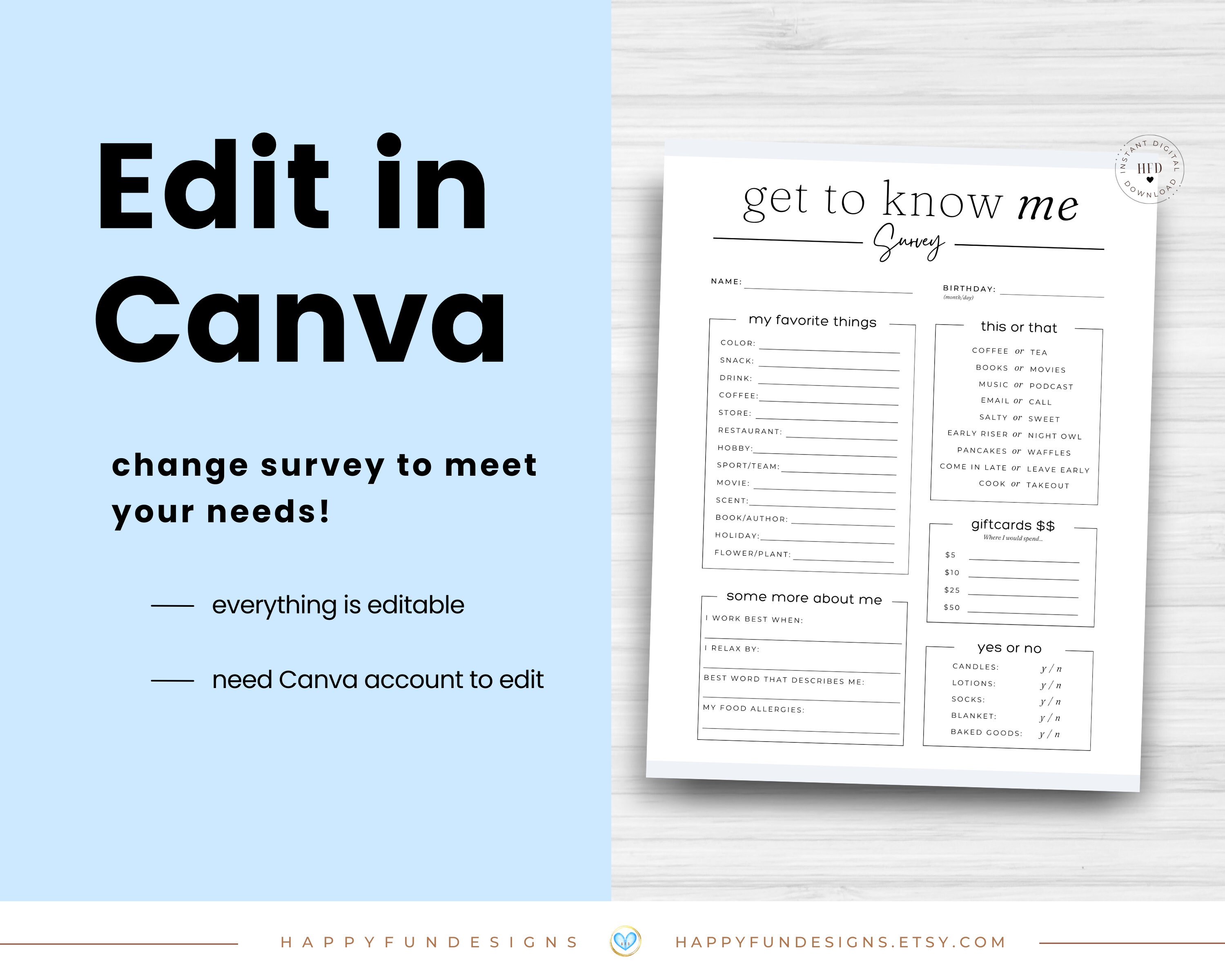 Get to Know Me Printable, Work Exchange Gift, Editable Survey, All ...