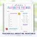 Teacher Favorite Things Form, PTA Teacher Thank You, Get to Know ...