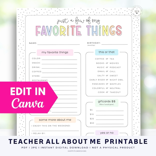 Printable Favorite Things List for Coworkers - Etsy
