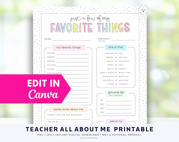 Editable Favorite Things Questionnaire Template | Canva Customizable ...