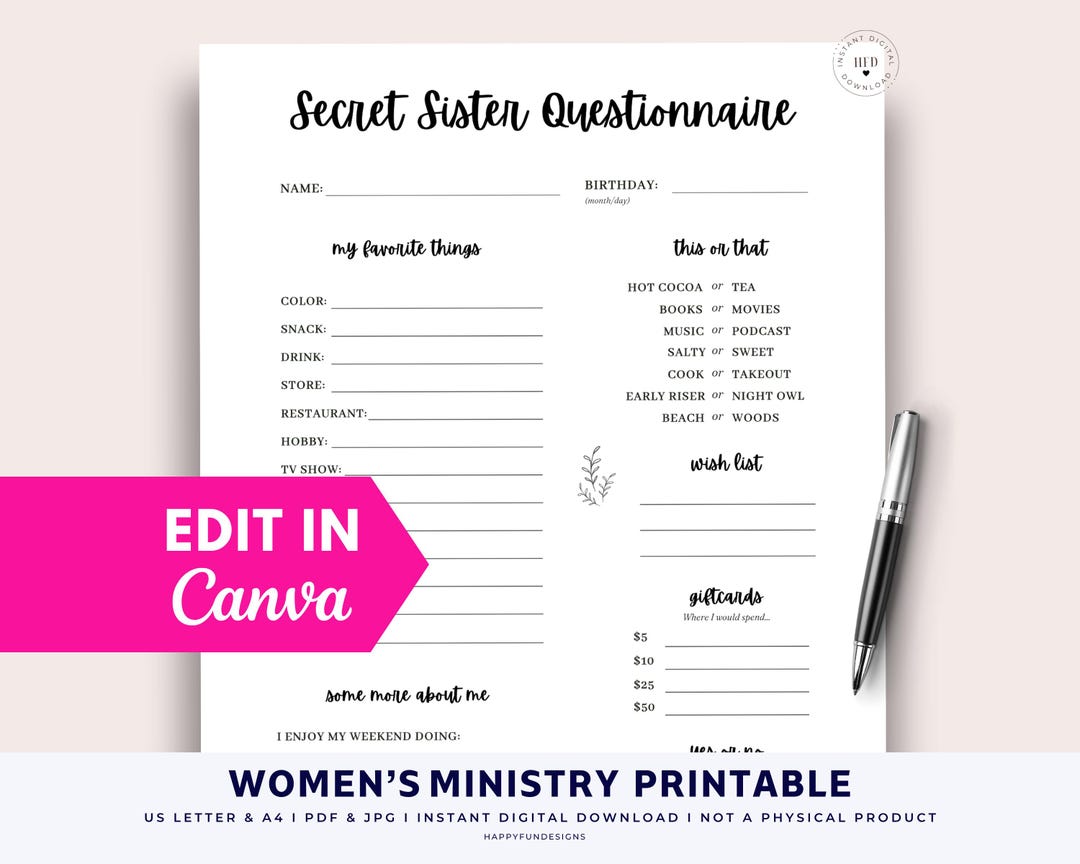 Editable Secret Sister Questionnaire, LDS Young Womens Girls Camp ...