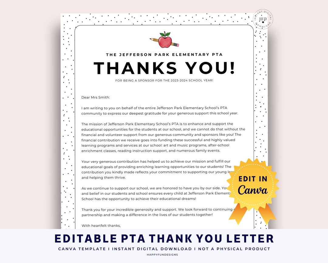 School Fundraiser Thank You, PTA PTO Thank You, Editable Donation Thank ...