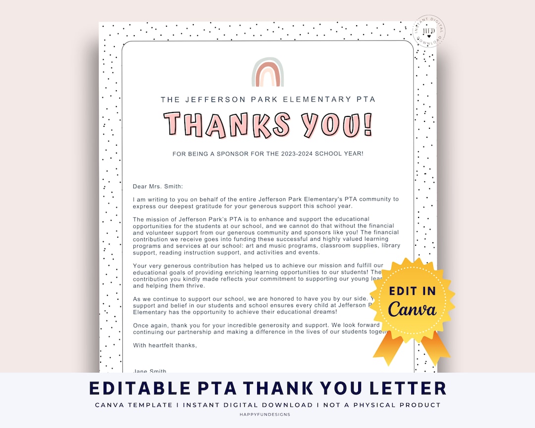 School Fundraiser Thank You, PTA PTO Thank You, Editable Donation Thank ...