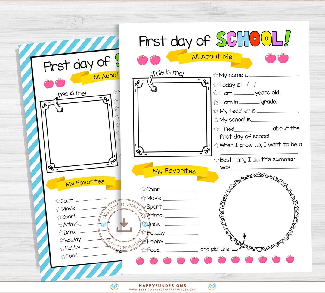 First Day of School Sign, All About Me Printable, Back to School Kids Printable, First Day of ...