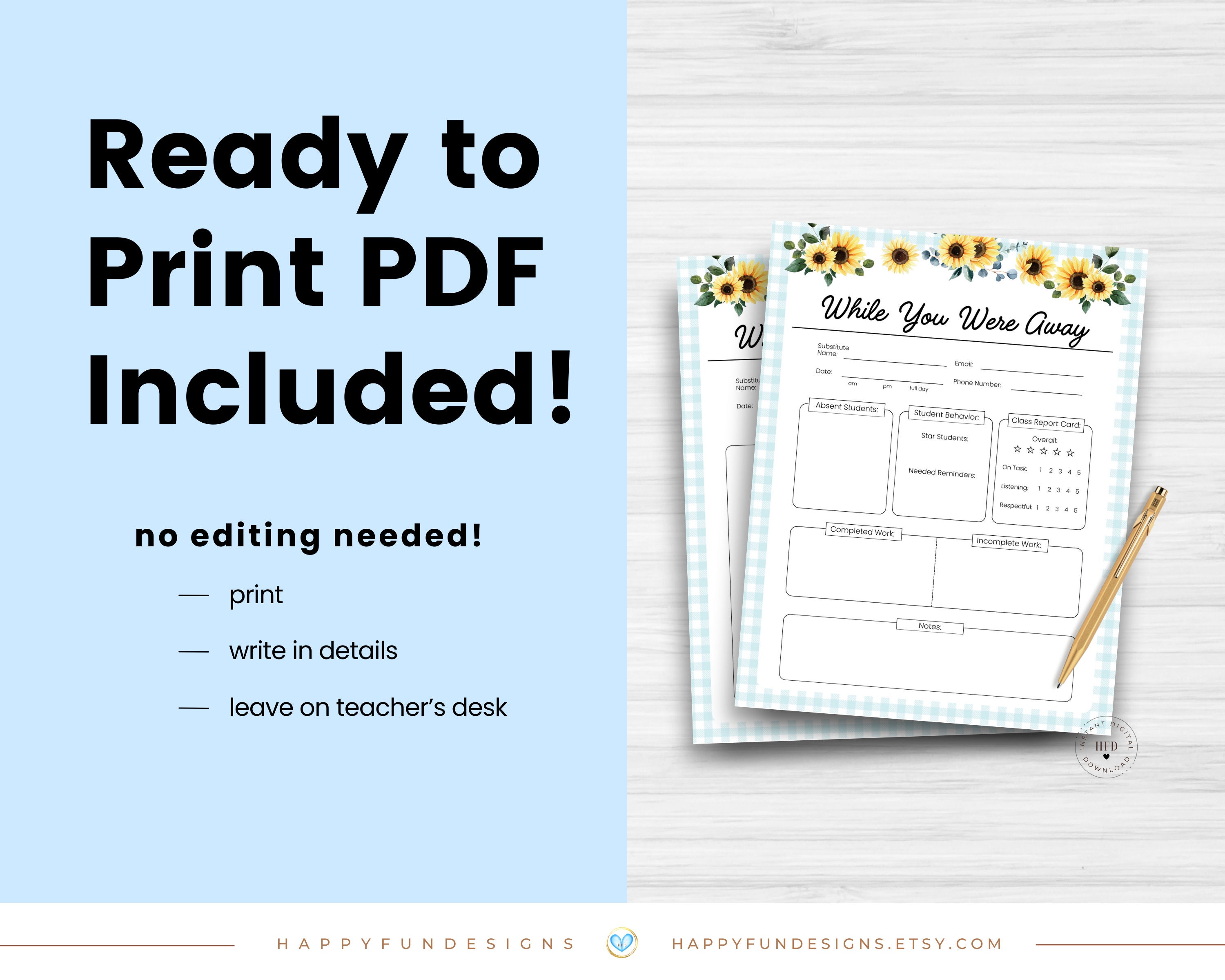 Substitute Teacher Note Template Editable, While You Were Away ...