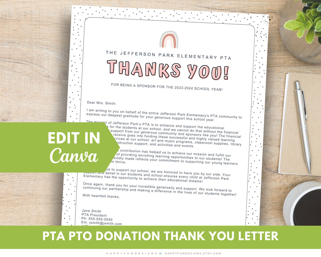 School Fundraiser Thank You, PTA PTO Thank You, Editable Donation Thank ...