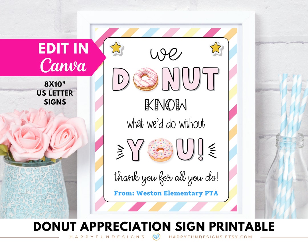 Donut You Know Appreciation Editable Sign Printable, Donuts for Staff ...