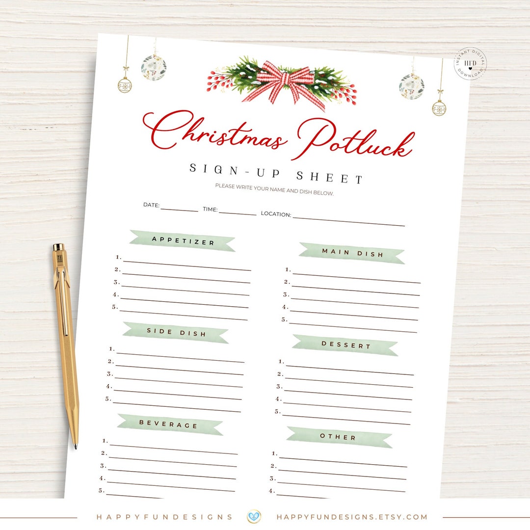 Christmas Potluck Sign up Sheet Printable, Office Potluck, Christmas ...