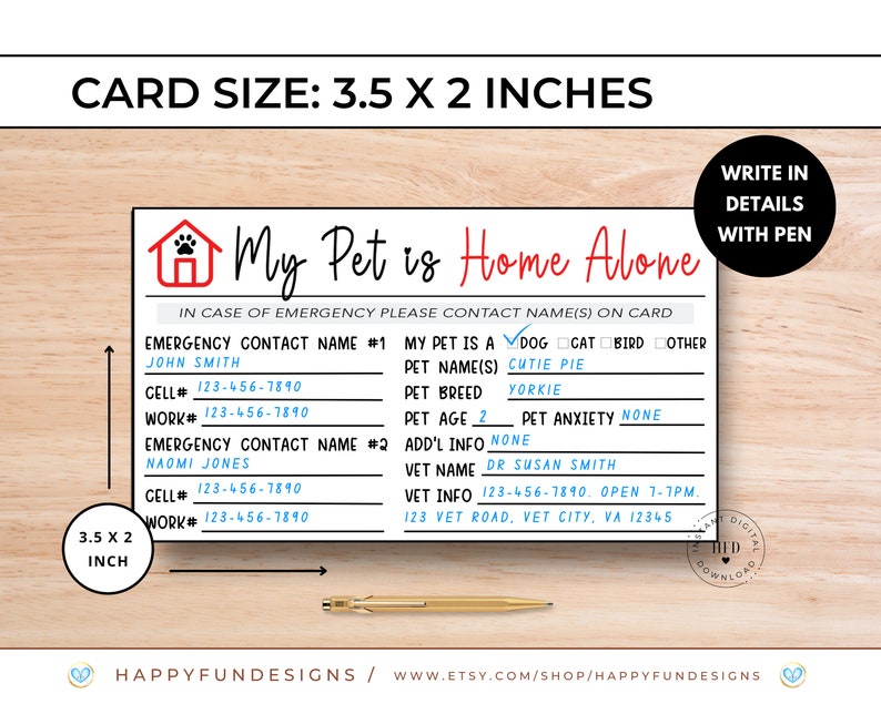 Pet Emergency Card Printable, in Case of Emergency, Contact Card, Small ...