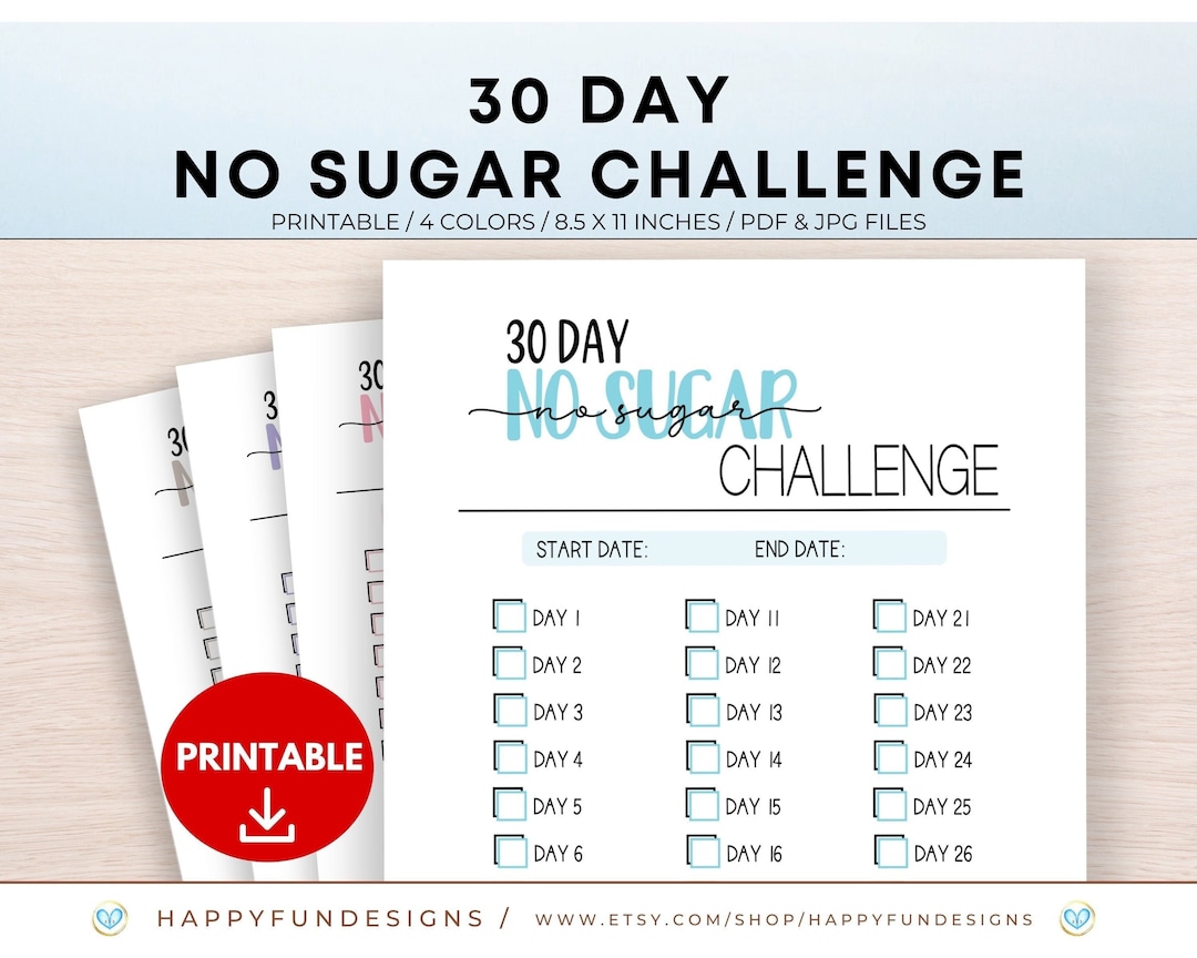 No Sugar Challenge, 30 Day Habit Tracker Printable, Sugar Detox, No ...