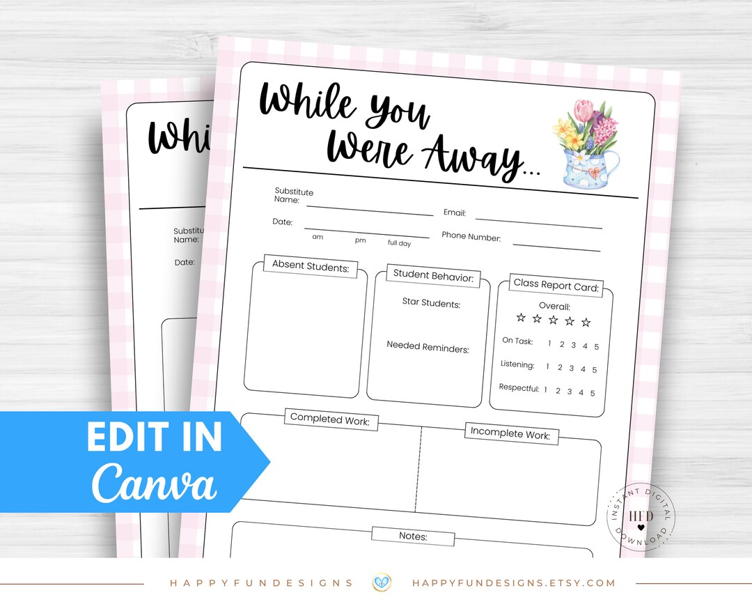 Substitute Teacher Note Template Editable, While You Were Away ...