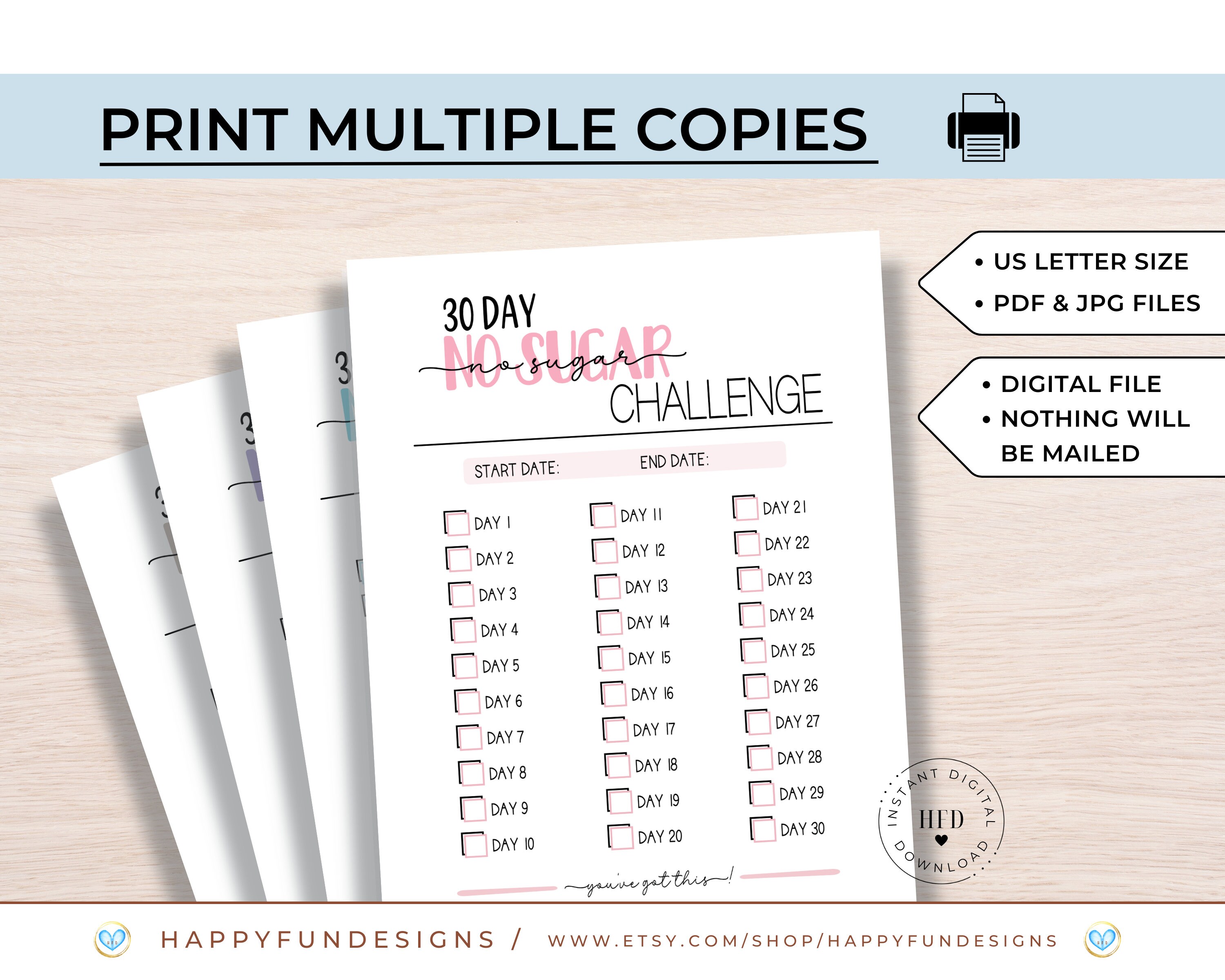 No Sugar Challenge, 30 Day Habit Tracker Printable, Sugar Detox, No ...
